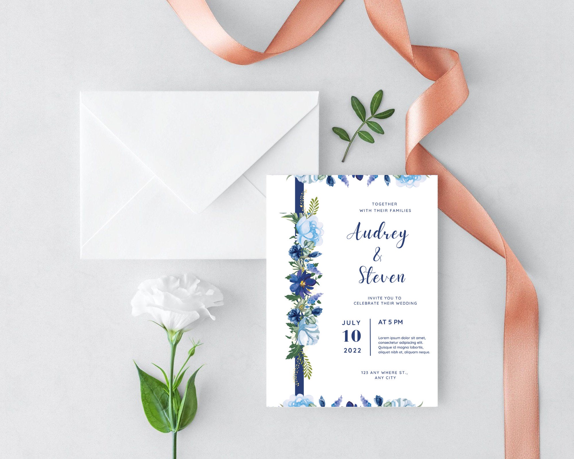 Dusty Blue Floral Wedding Invitation Instant Download Editable ...