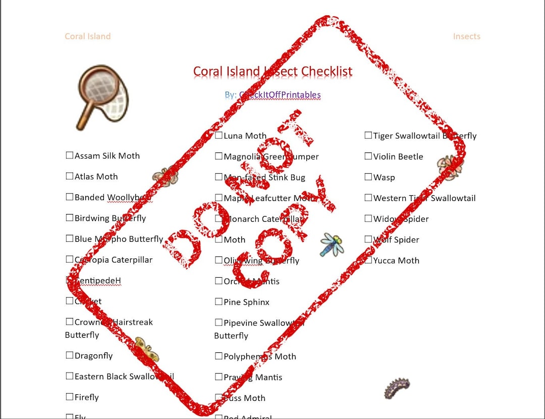 Coral Island Insect Checklist: A Complete Guide to Catch 'em All - Etsy