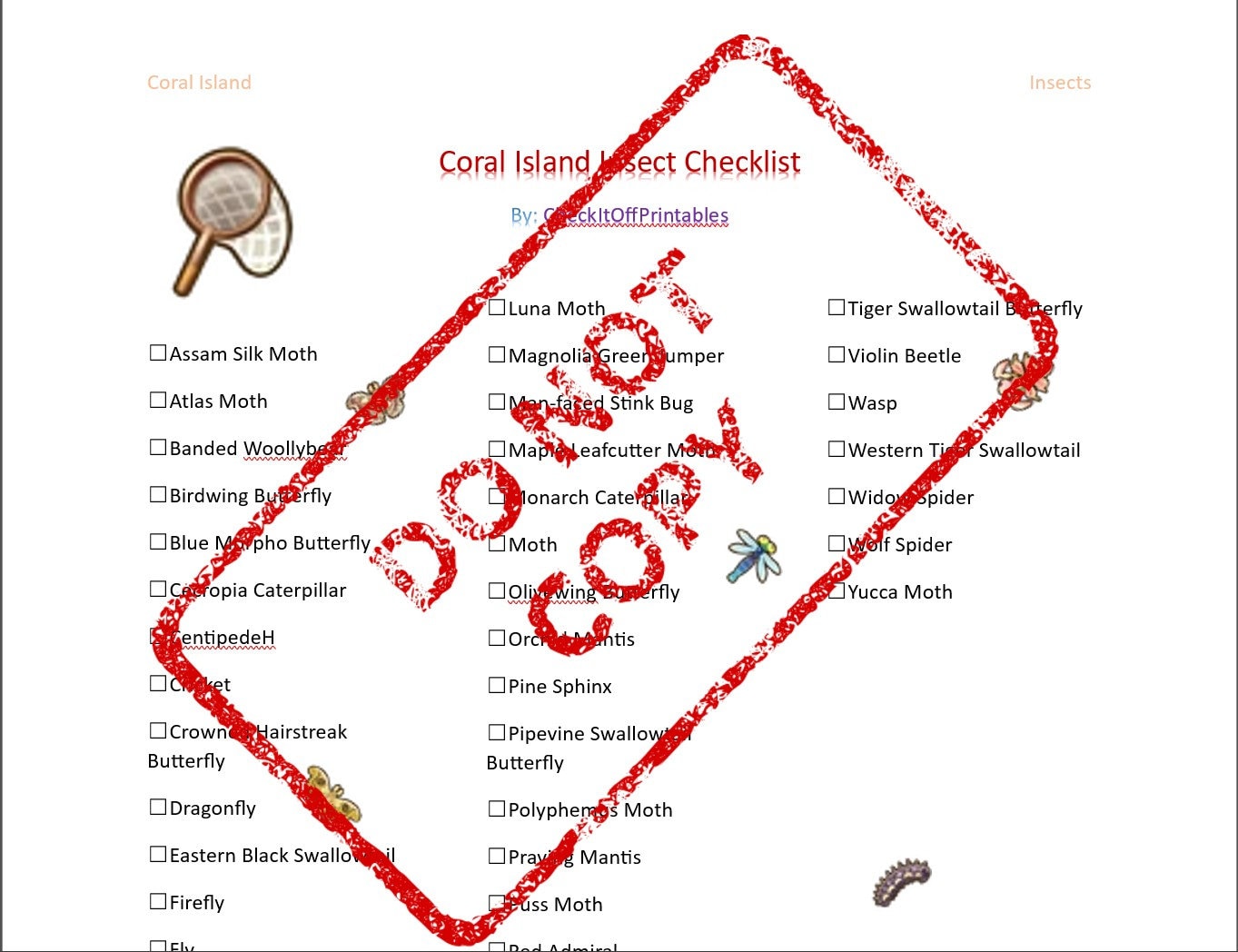 Coral Island Insect Checklist A Complete Guide To Catch Em All Etsy