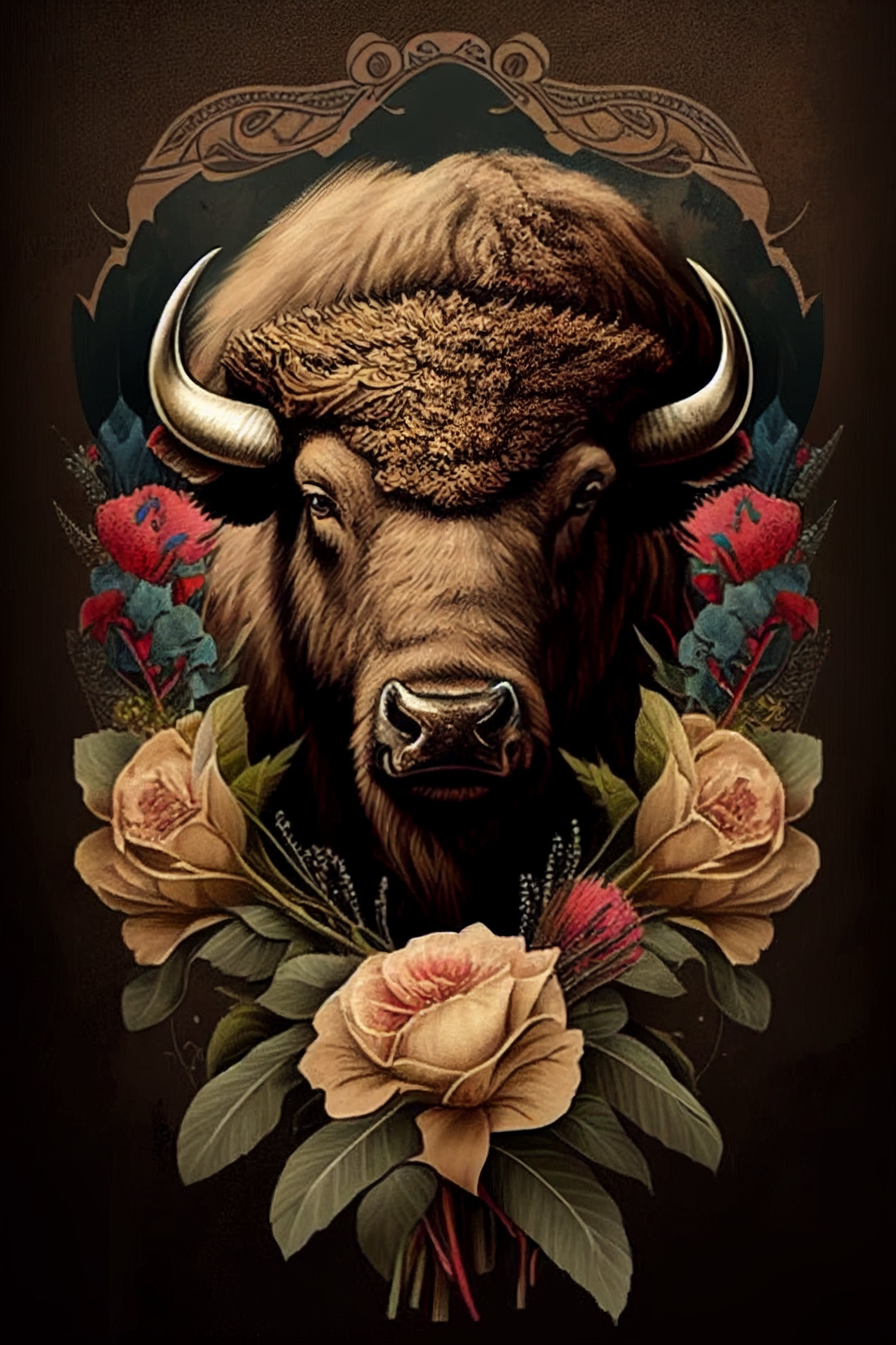 Bison Skull Tattoo Roses