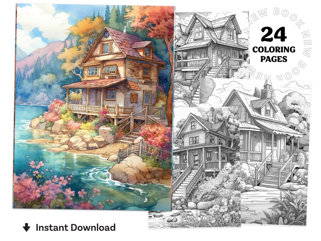 Enchanting Riverside Cottages Coloring Book Printable Coloring - Etsy