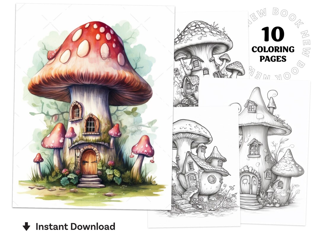 Fantasy Fairy Mushroom Houses Coloring Book Printable Coloring - Etsy