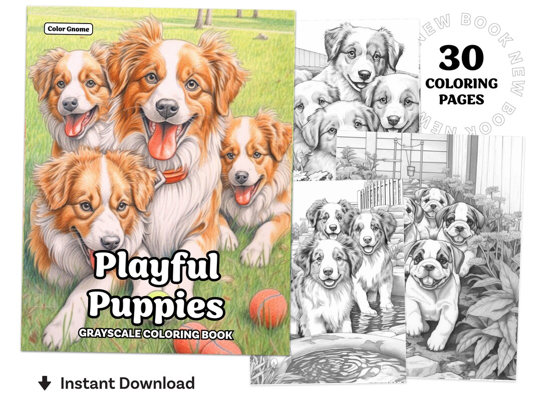 Playful Puppies Coloring Book Printable Coloring Page for Adult ...