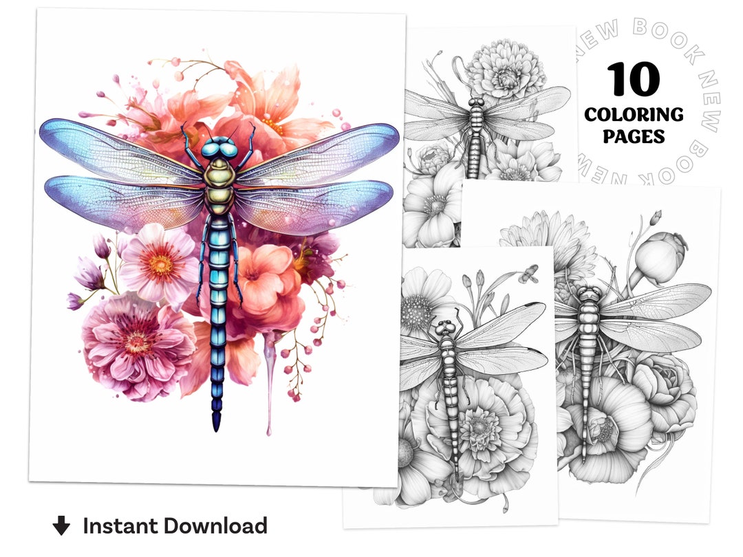 Dragonflies With Flowers Coloring Book Printable Coloring Page for ...