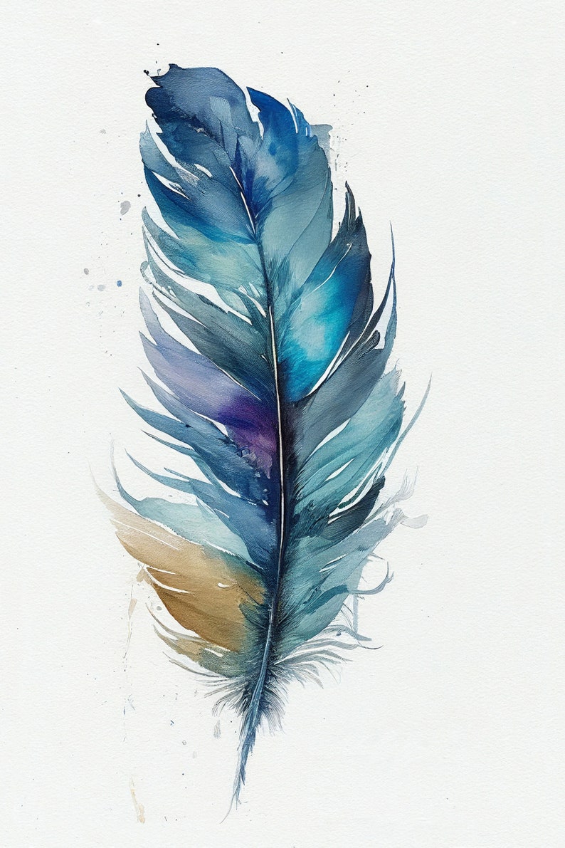 Blue Feather Painting Watercolor Painting Printable Wall - Etsy