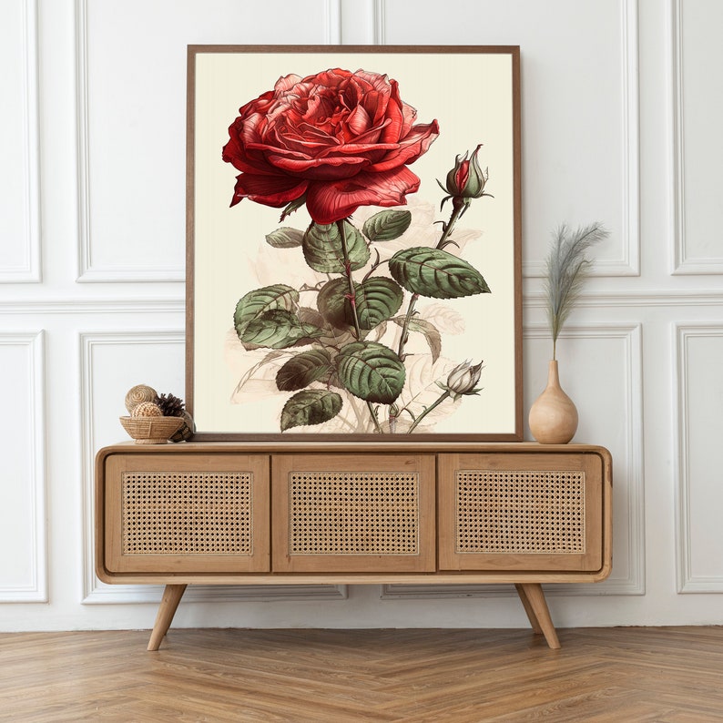 Red Rose Art Print, Realistic Flower Drawing, Colorful Botanical Wall ...
