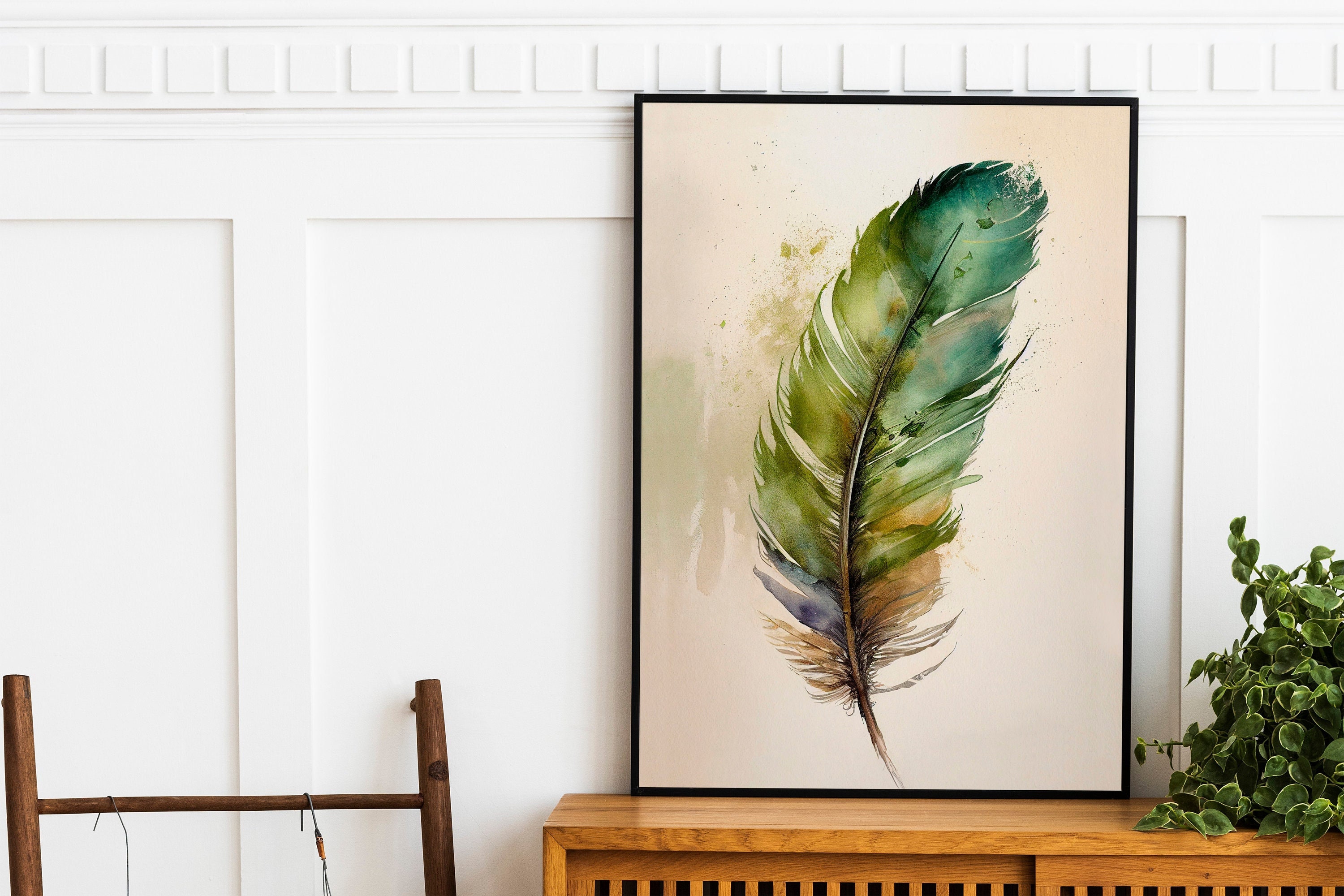 Green Feather Art Print, Vibrant Watercolor Painting, Colorful Feathers ...