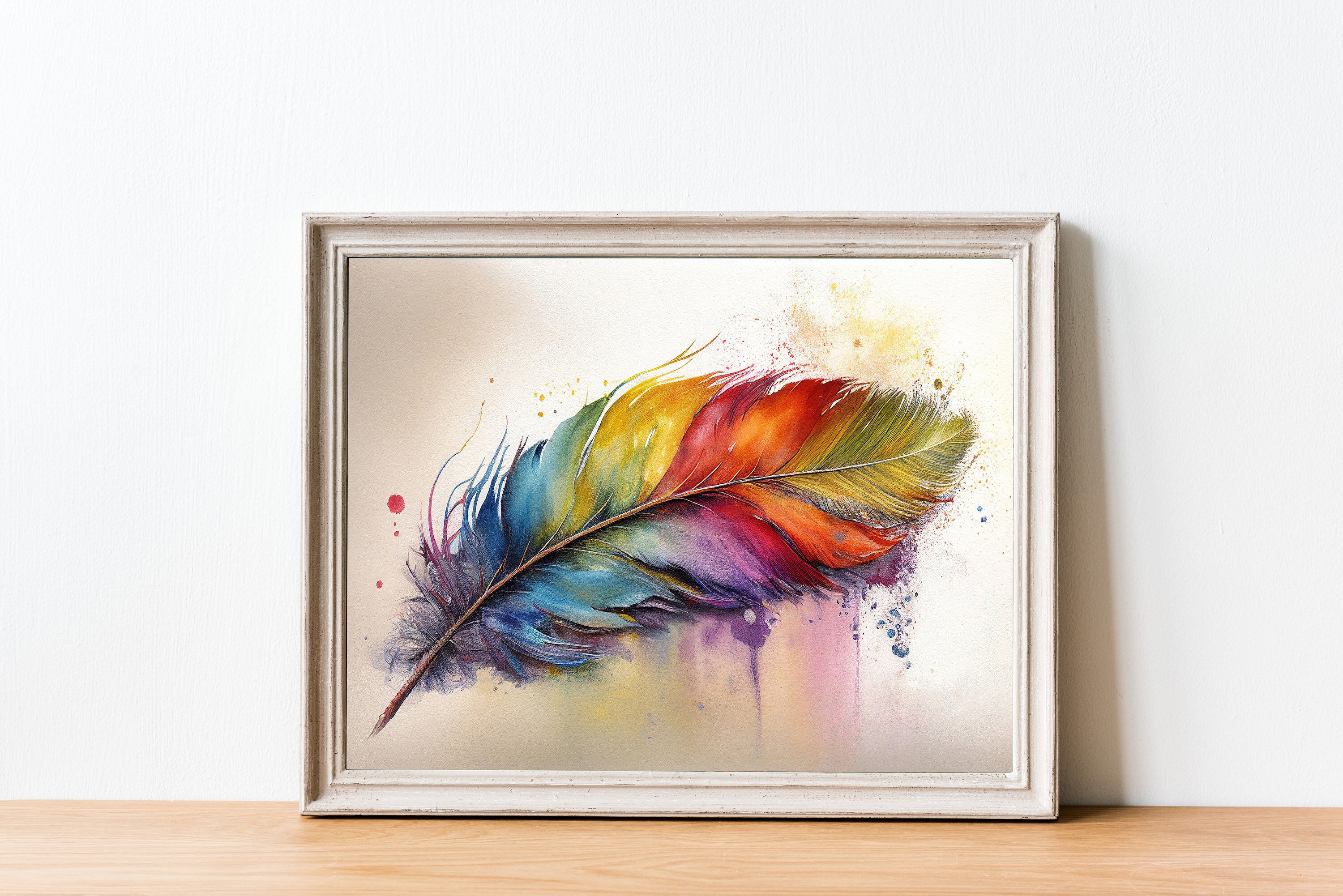 Rainbow Feather Art Print, Vibrant Watercolor Painting, Colorful ...