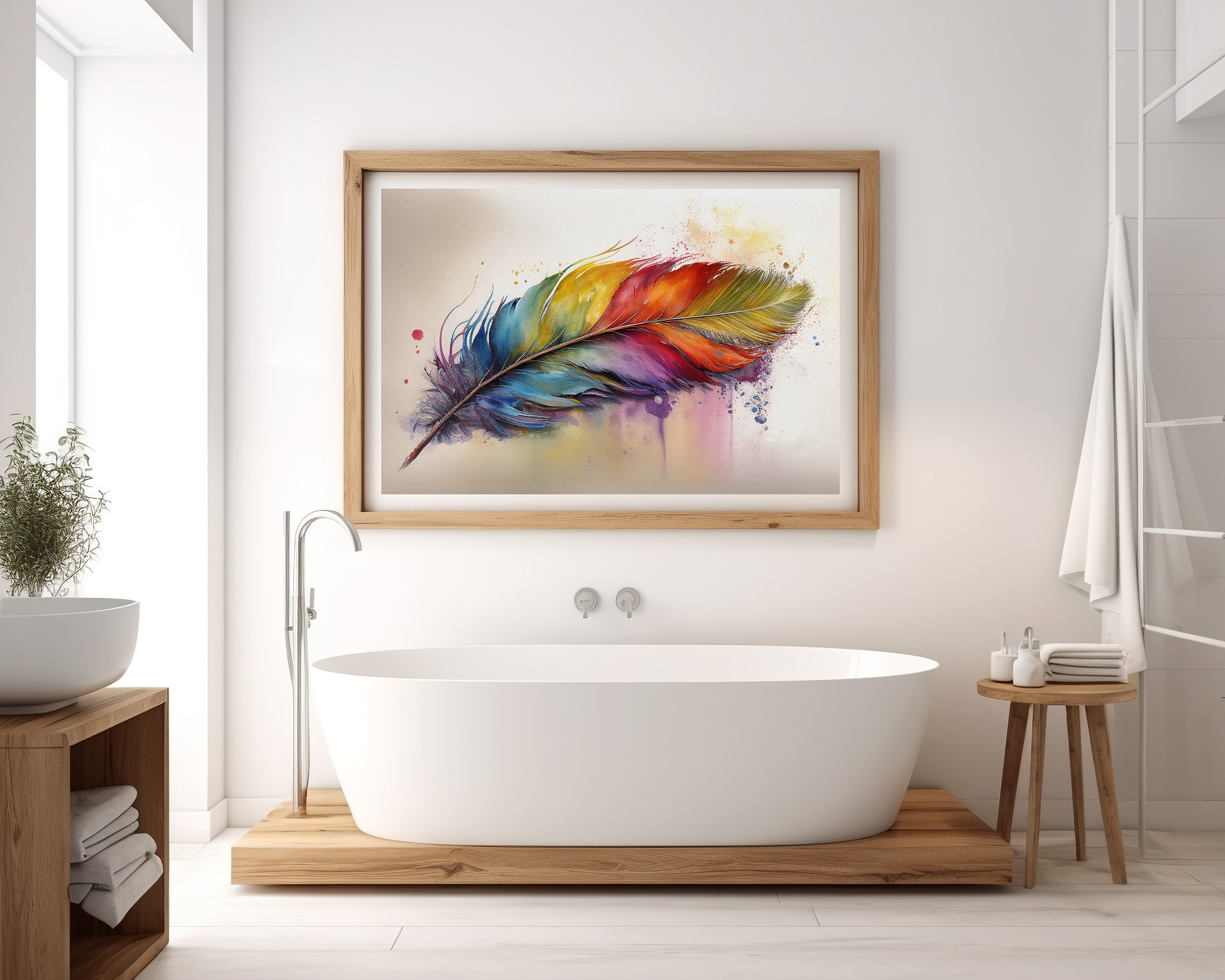 Rainbow Feather Art Print, Vibrant Watercolor Painting, Colorful ...