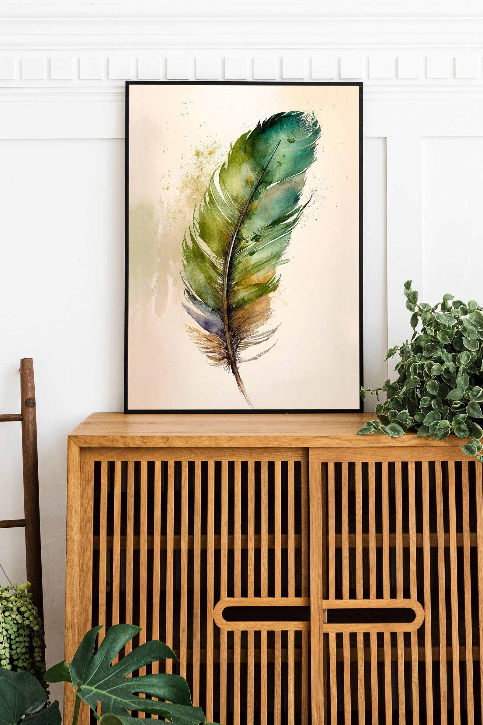 Green Feather Art Print, Vibrant Watercolor Painting, Colorful Feathers ...
