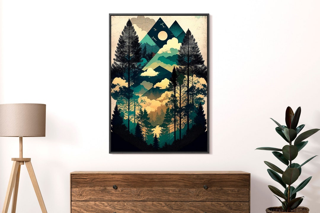 Mountain Forest Clouds Retro Art Print, Colorful Geometric Illustration ...