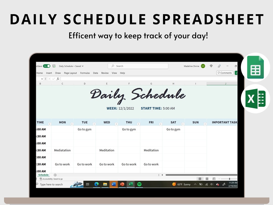 Daily Planner Spreadsheet | Excel | Google Sheets | Daily Schedule ...
