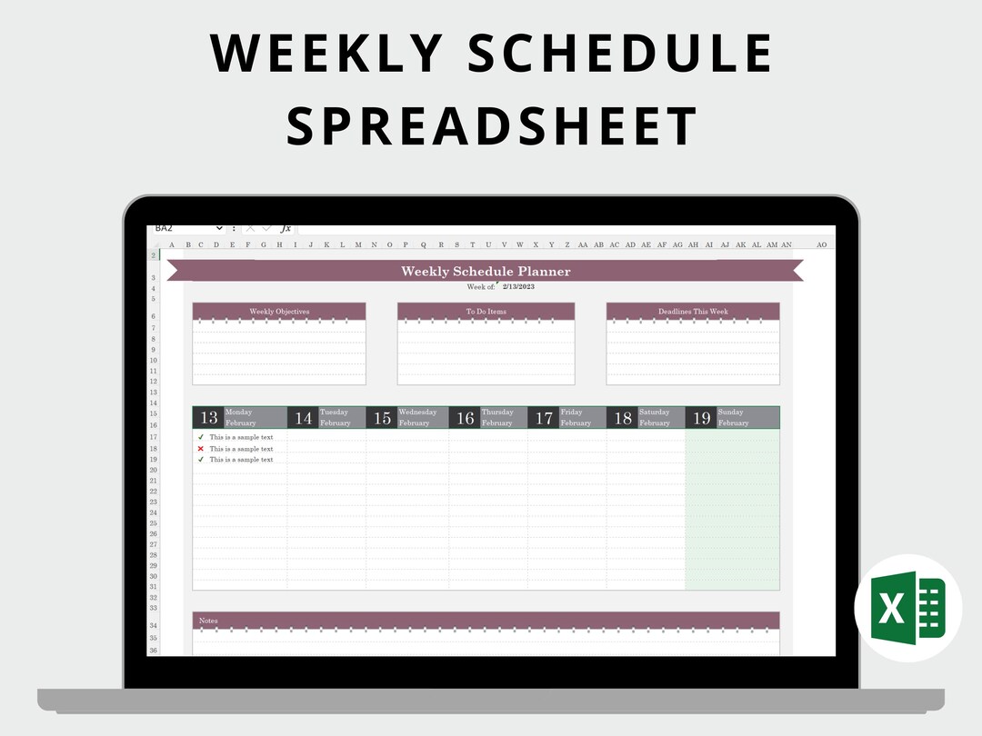 Weekly Schedule Spreadsheet | Weekly Schedule Planner | Weekly Schedule ...