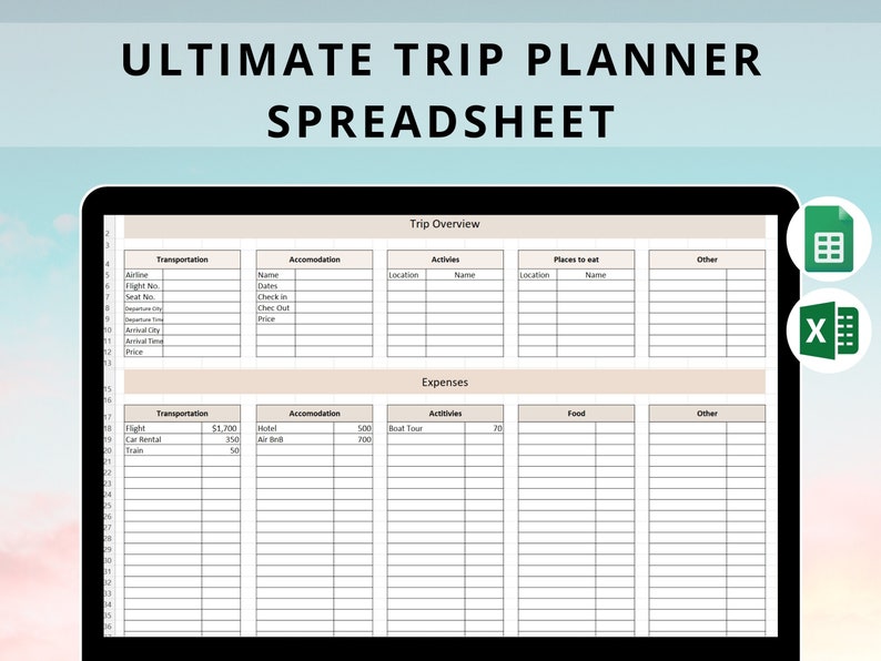 Trip Planner Spreadsheet | Excel | Google Sheets | Trip Overview ...