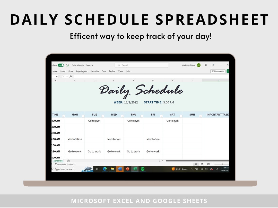 Daily Schedule Spreadsheet | Daily Planner | Daily Schedule Template ...