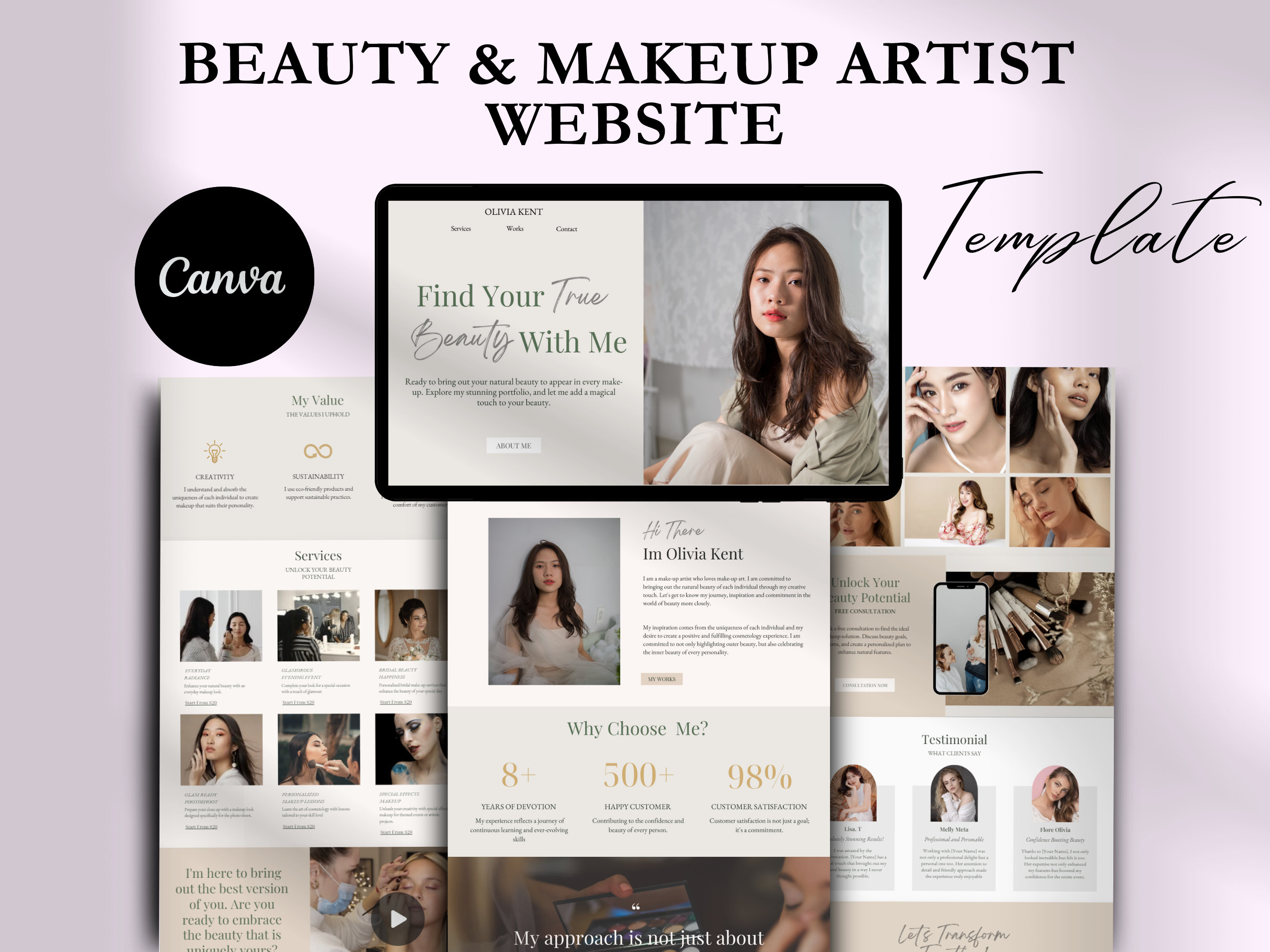 Beauty & Makeup Artist Website: Canva Template, Esthetician, Salon ...