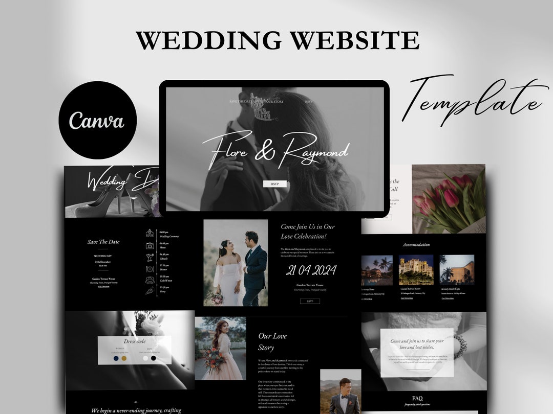 Wedding Website Template, Canva Website, Digital Invitation, Black ...