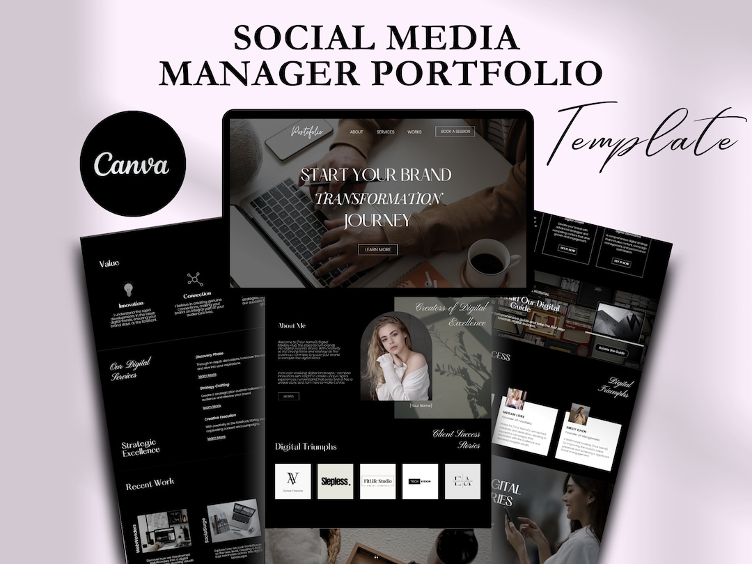 Social Media Manager Portfolio Template, Portfolio Canva Website, Dark ...