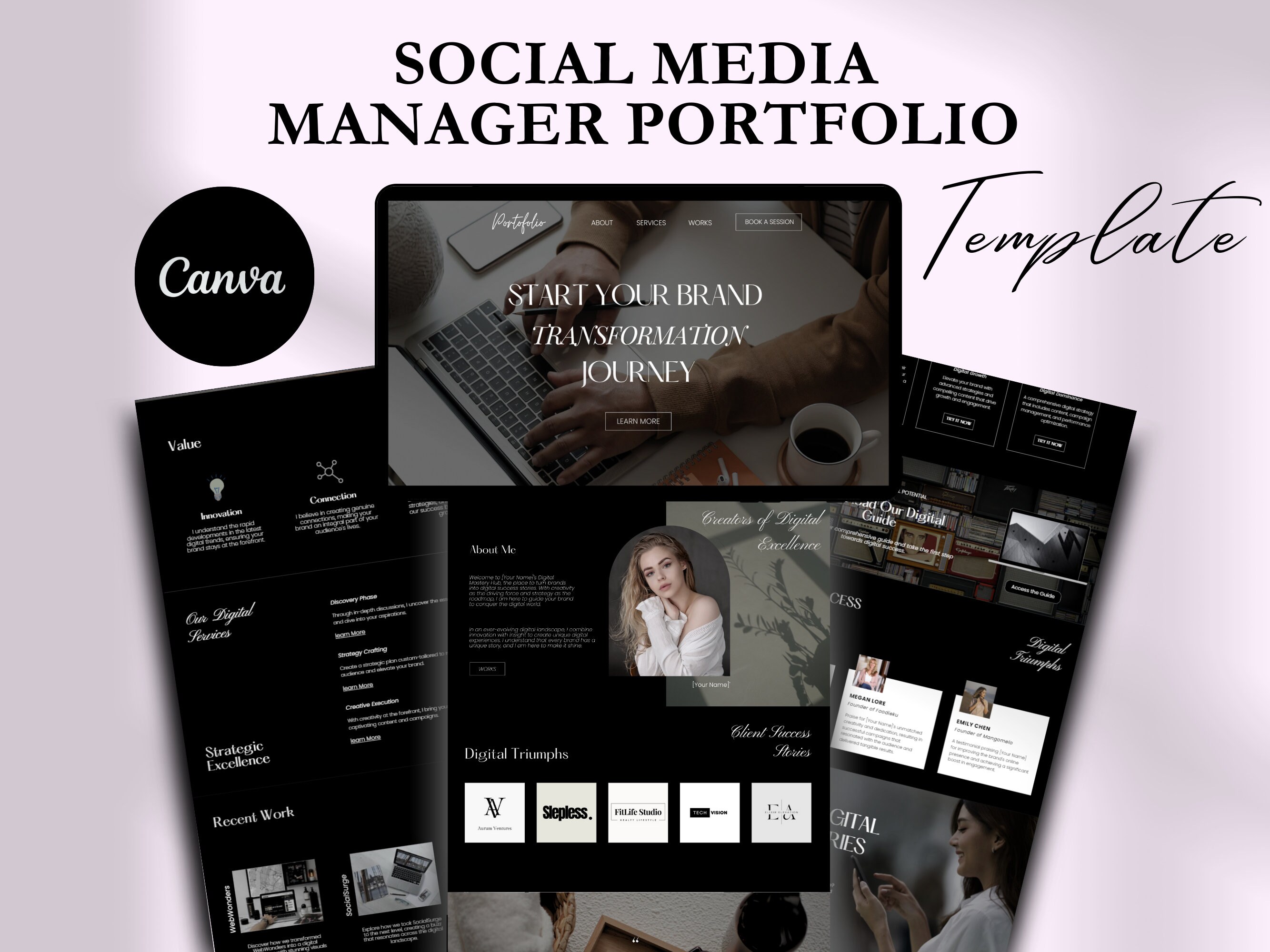 Social Media Manager Portfolio Template, Portfolio Canva Website, Dark ...