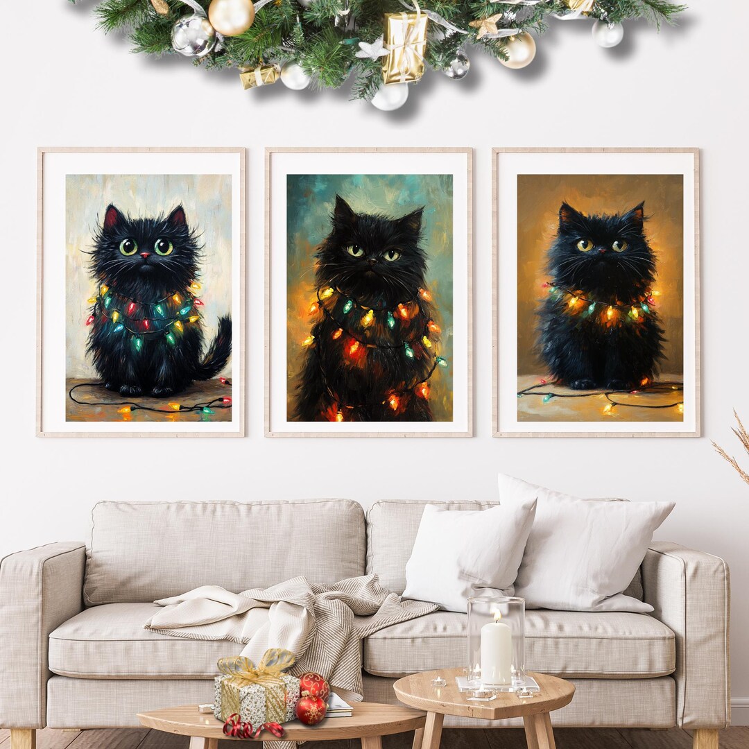 Funny Christmas Cat Wall Art, Black Cat Print Digital, Black Cat ...