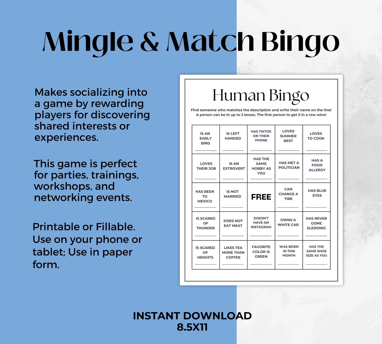 Human Bingo Game, Fillable Editable, Instant Download, Digital ...