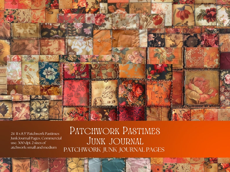 Patchwork Journal, Orange Junk Journal, Junk Journal Kit, Junk Journal Pages, Scrapbooking Paper ...