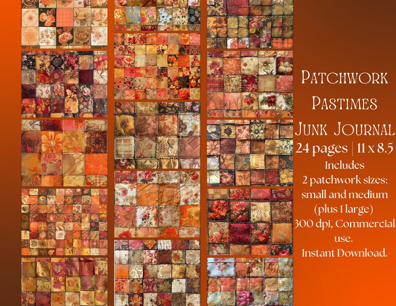 Patchwork Journal, Orange Junk Journal, Junk Journal Kit, Junk Journal Pages, Scrapbooking Paper ...