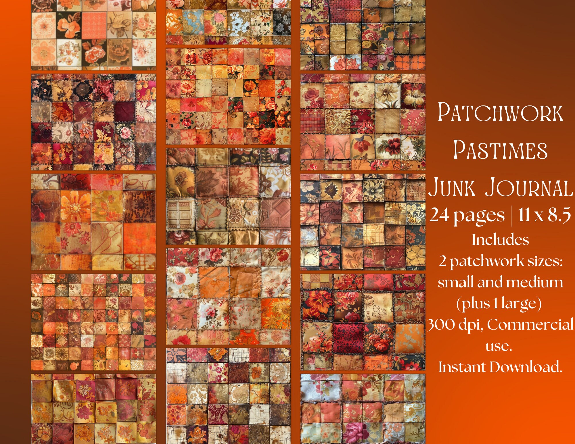 Patchwork Journal, Orange Junk Journal, Junk Journal Kit, Junk Journal Pages, Scrapbooking Paper ...
