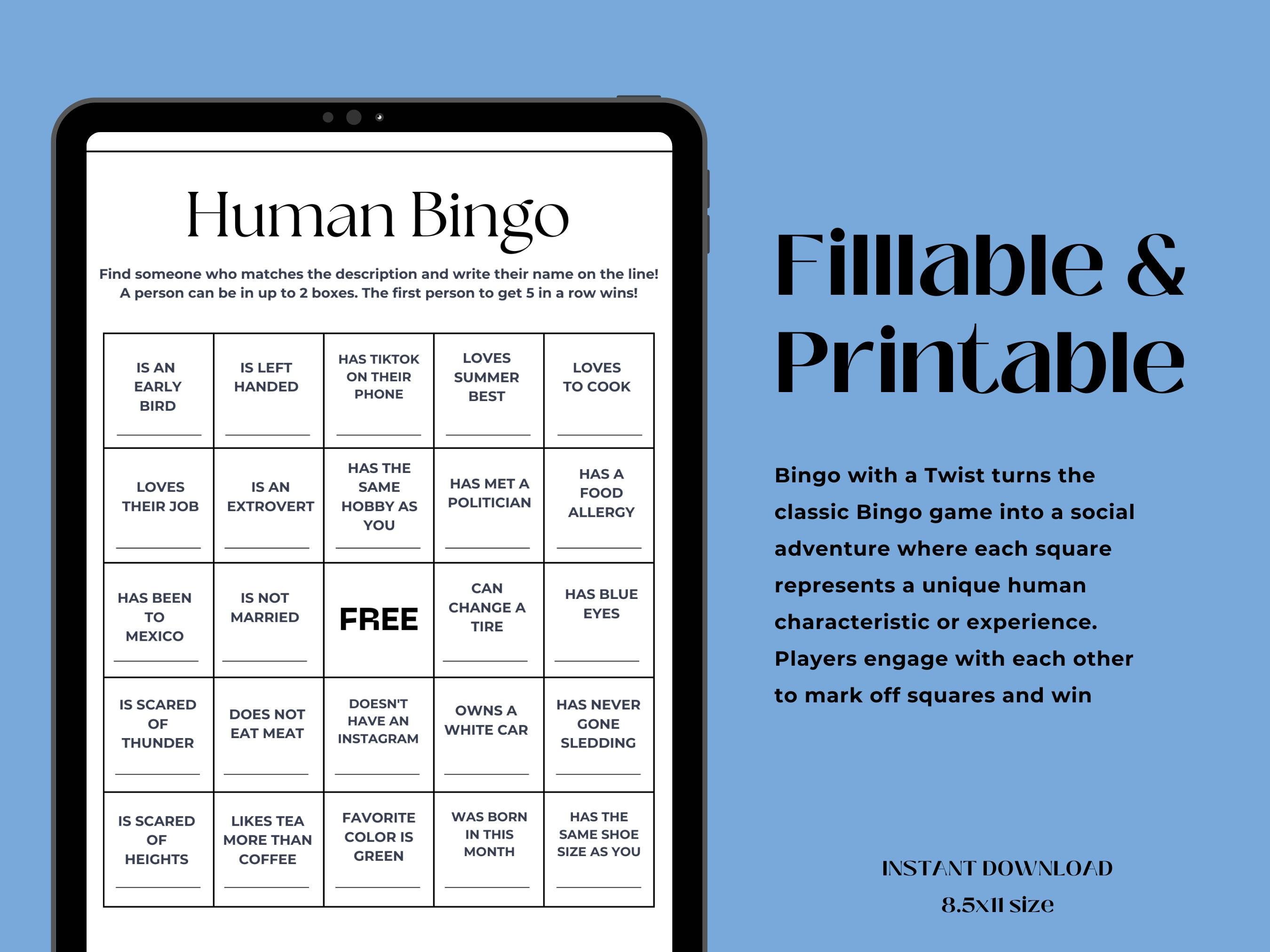 Human Bingo Game, Fillable Editable, Instant Download, Digital ...