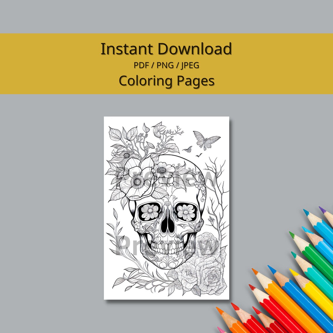 Skull With Flowers 1 Coloring Pages 3 Pack Adult - Etsy