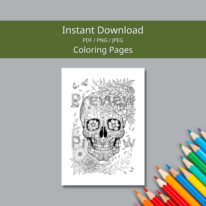 Skull With Flowers 3 Coloring Pages, 3 Pack, Adult Coloring Book ...