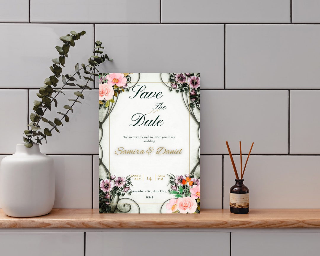 Floral Editable Wedding Card Template Canva Digital Template Wedding ...