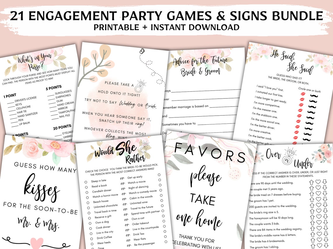 Printable Bridal Shower Games & Signs Bundle, Floral Engagement Party ...
