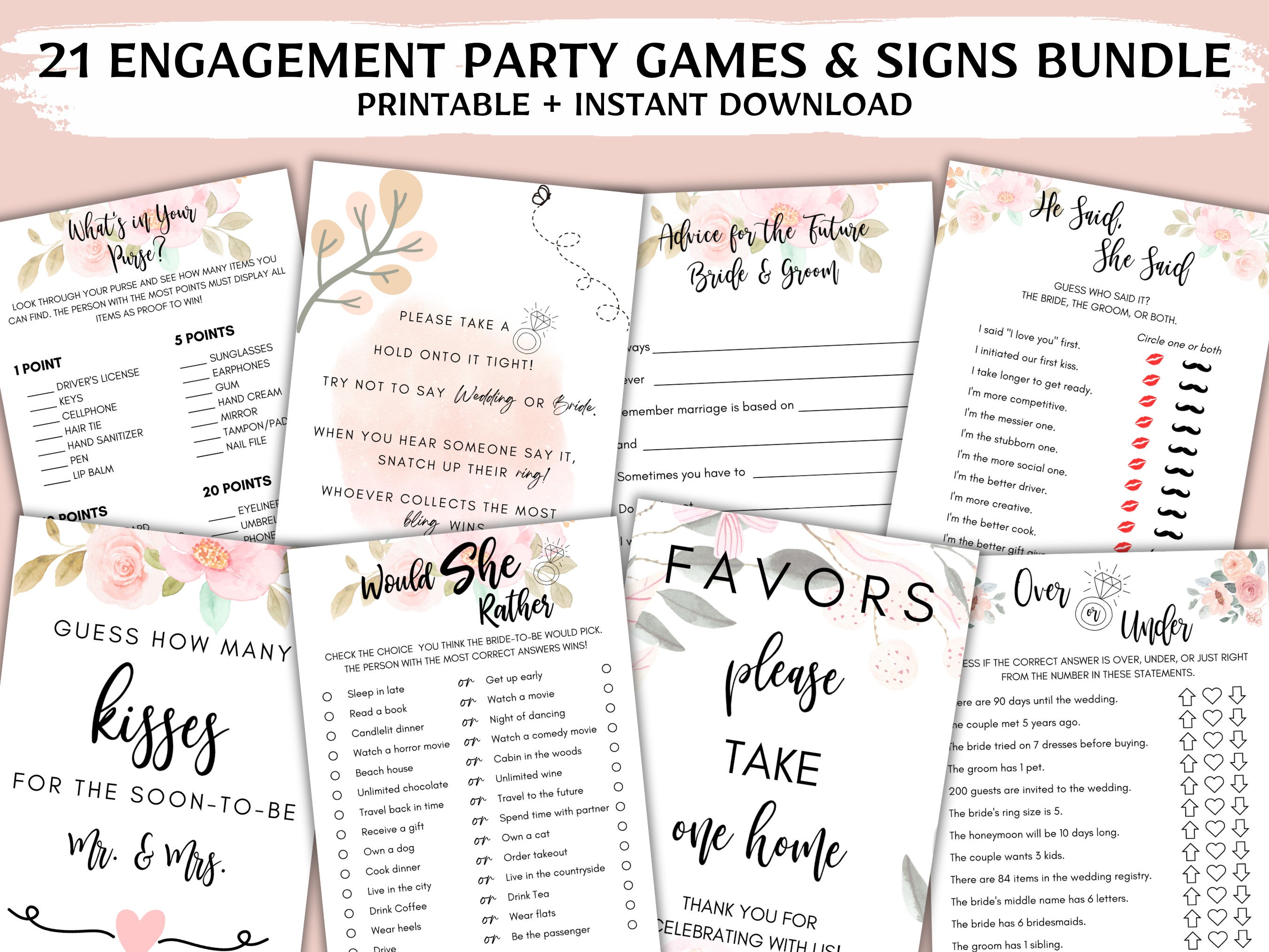 Printable Bridal Shower Games & Signs Bundle, Floral Engagement Party ...