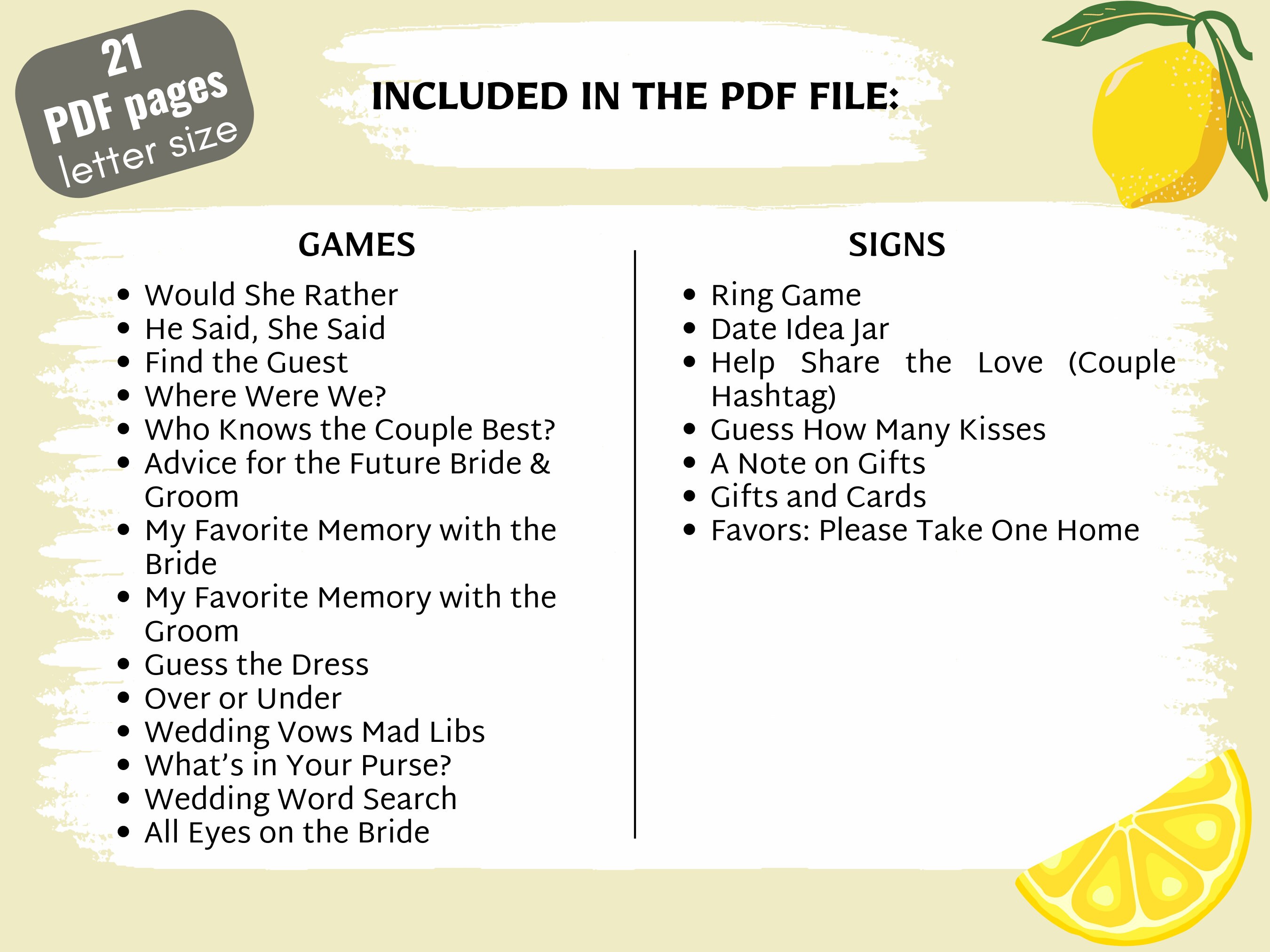 Printable Bridal Shower Games & Signs Bundle, Lemon-themed Engagement ...