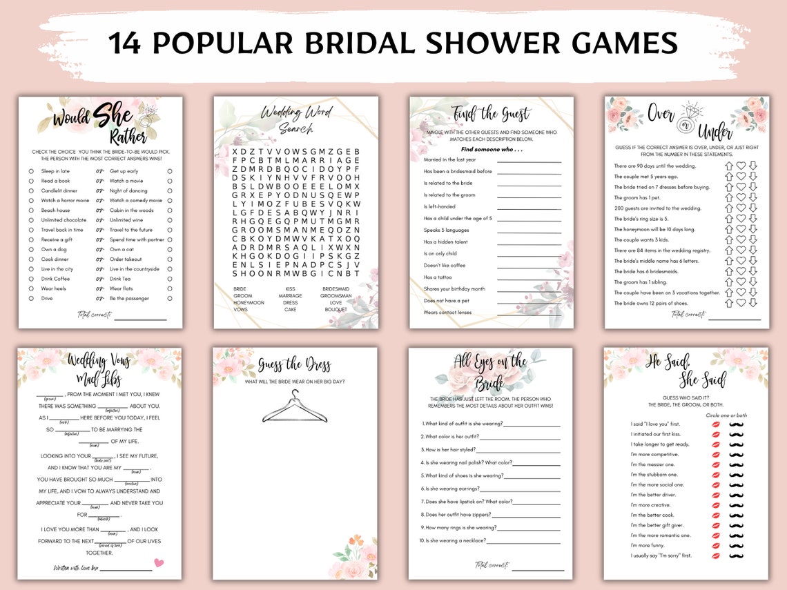 Printable Bridal Shower Games & Signs Bundle, Floral Engagement Party ...