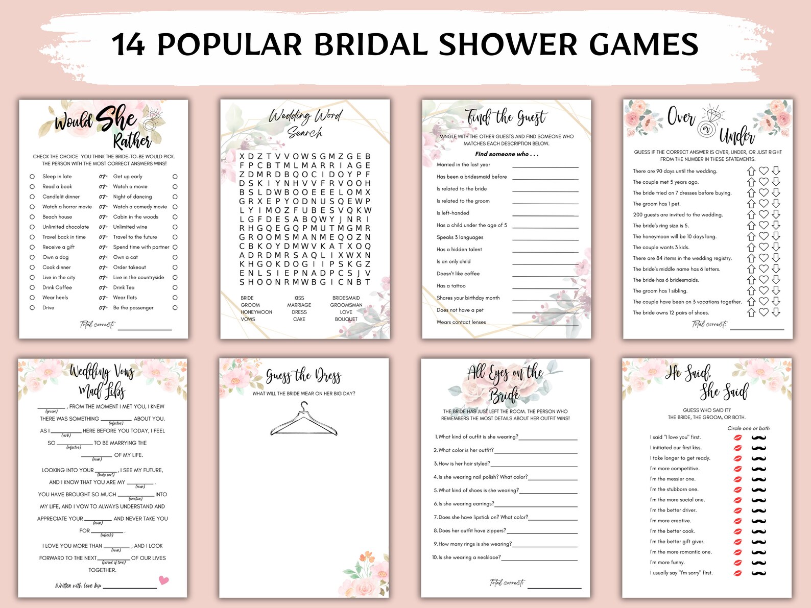 Printable Bridal Shower Games & Signs Bundle, Floral Engagement Party ...