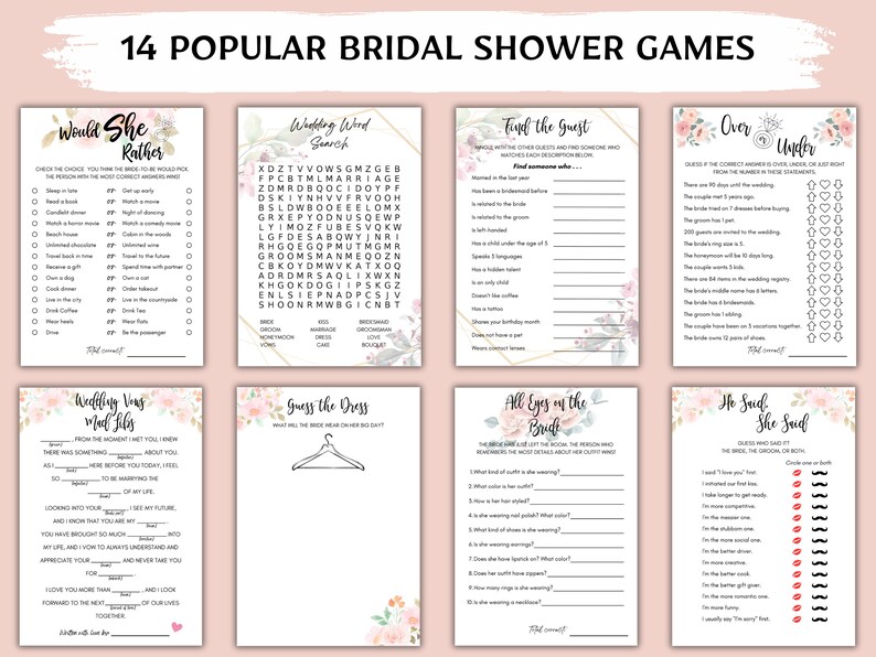 Printable Bridal Shower Games & Signs Bundle, Floral Engagement Party ...