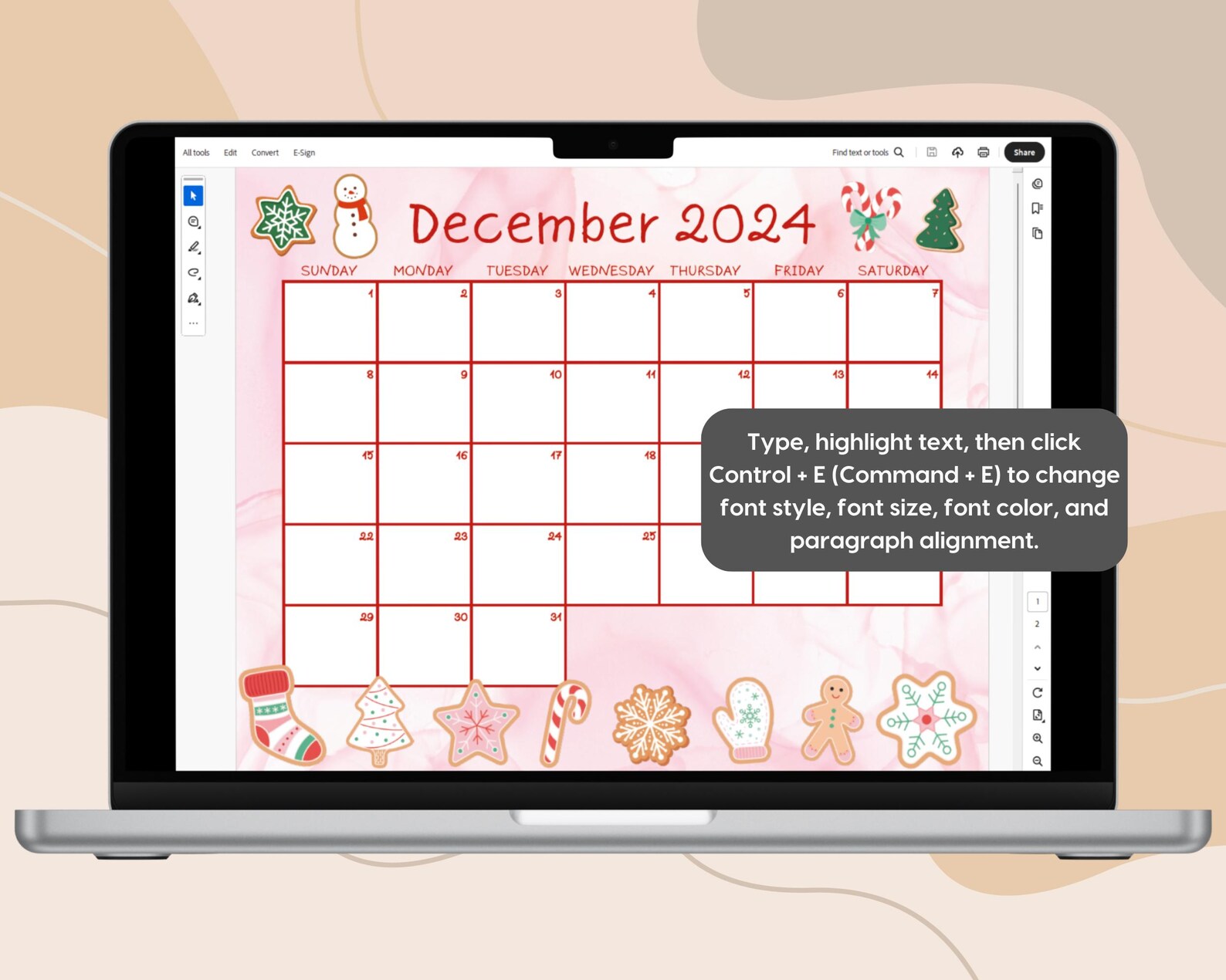 Editable December 2024 Calendar, Printable Monthly Calendar, Fillable ...