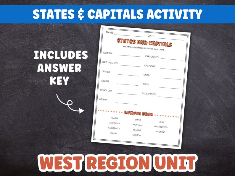 States and Capitals Activity West Region US States and Capitals US ...