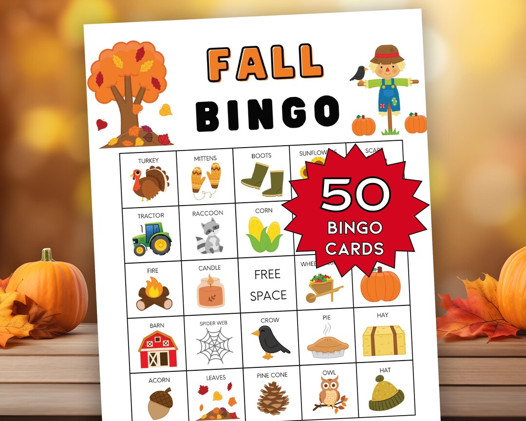 Fall Bingo, 50 Printable Autumn Bingo Cards, Fall Game for Kids ...