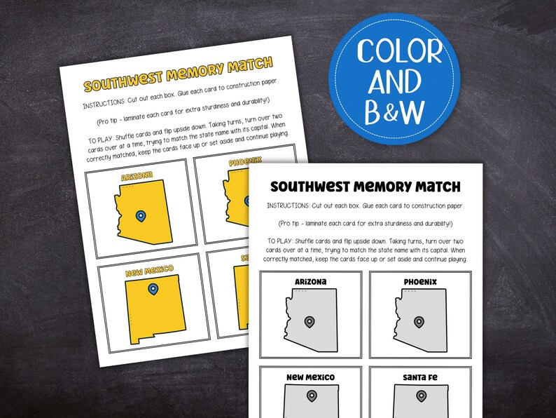 States and Capitals Memory Match Game Southwest Region US Geography 3rd ...