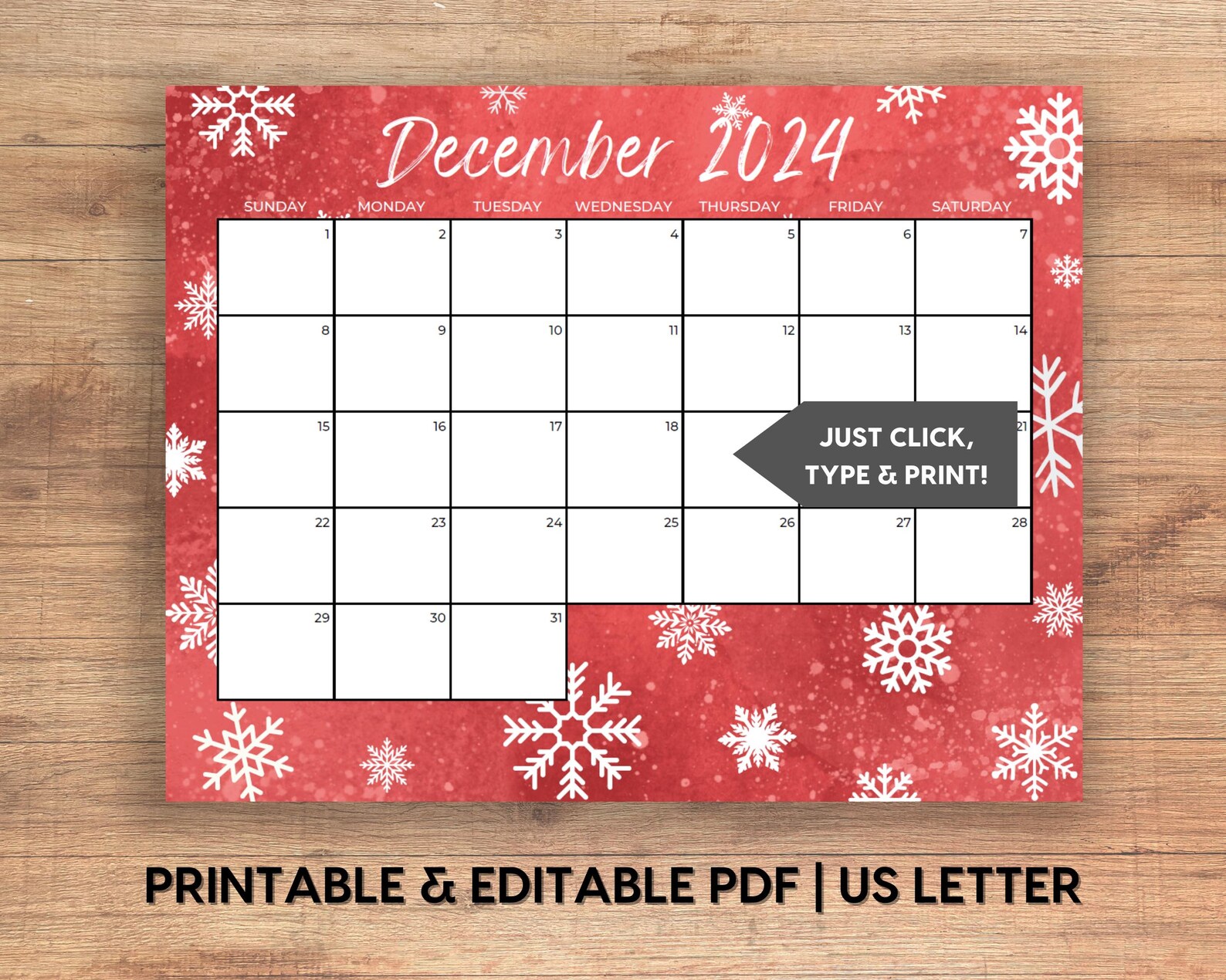 Editable December 2024 Calendar, Printable Monthly Calendar, Fillable ...