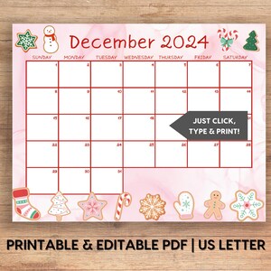 Editable December 2024 Calendar, Printable Monthly Calendar, Fillable ...