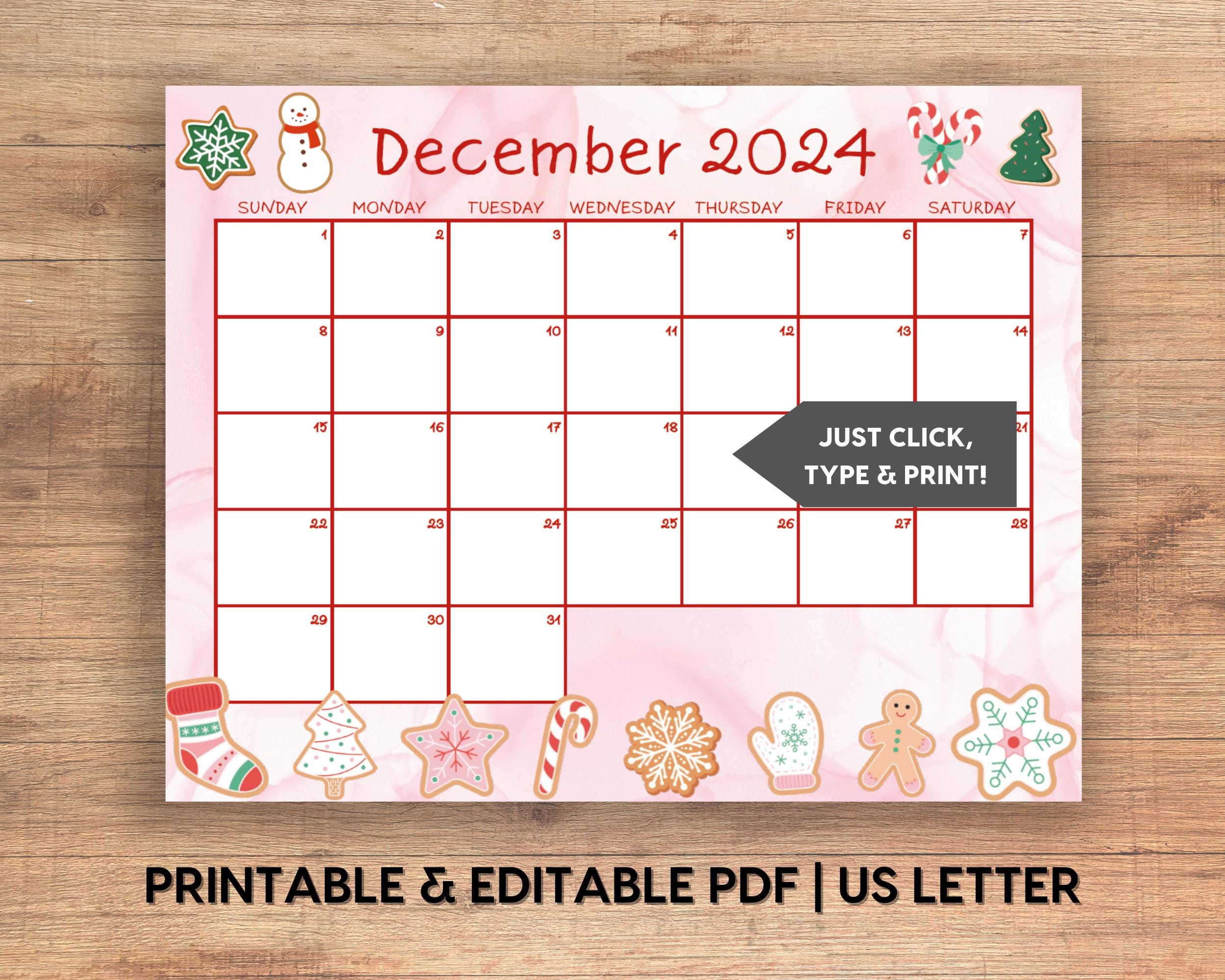 Editable December 2024 Calendar, Printable Monthly Calendar, Fillable ...