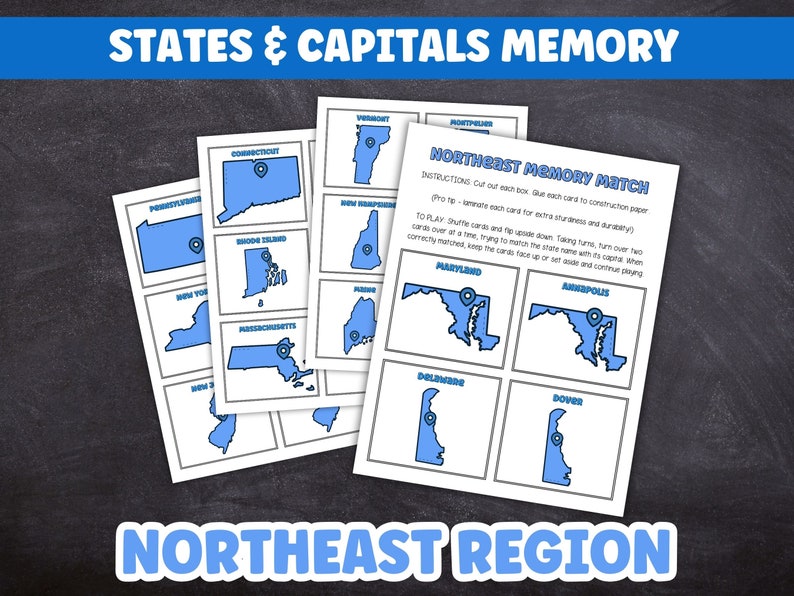 States and Capitals Memory Match Game Northeast Region US Geography 3rd ...