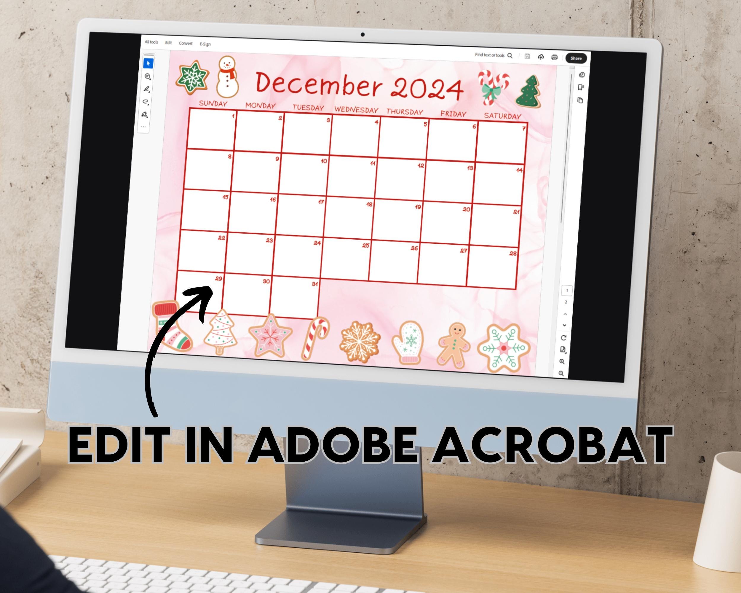 Editable December 2024 Calendar, Printable Monthly Calendar, Fillable ...