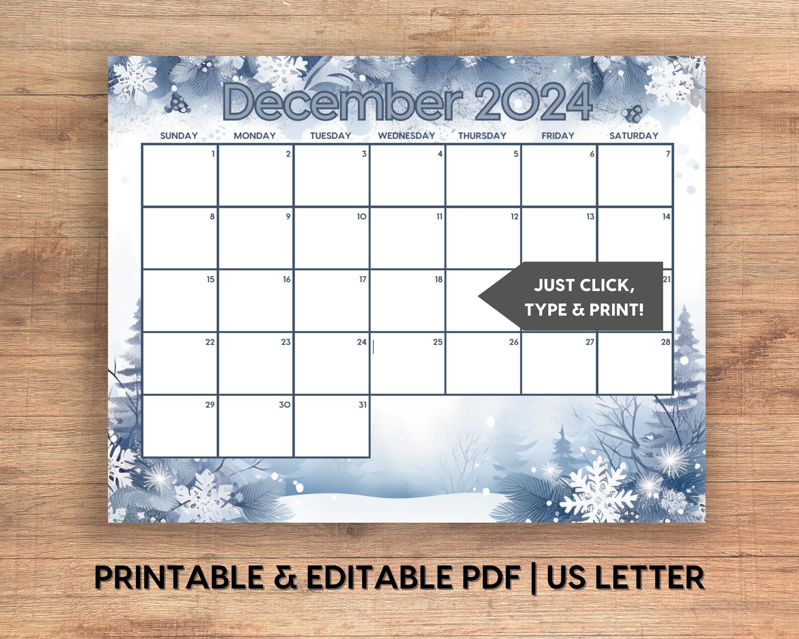 Editable December 2024 Calendar, Printable Monthly Calendar, Fillable ...