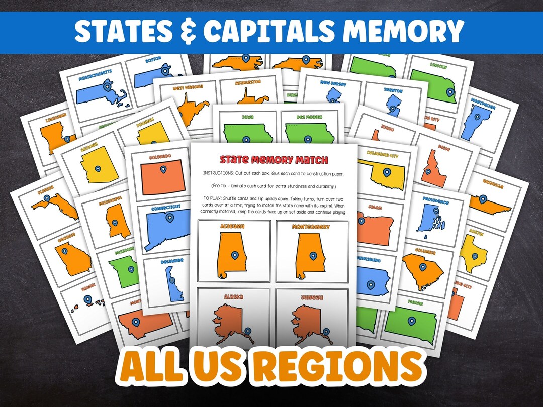 States and Capitals Memory Match Game All Regions US Geography 3rd 4th ...