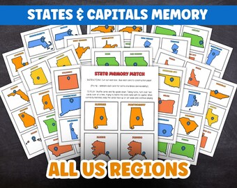 States and Capitals Memory Match Game All Regions US Geography 3rd 4th ...